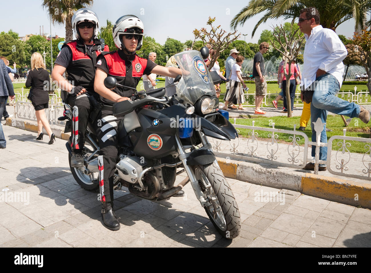 Police motorcyclists riding on a motorcycle, Istanbul, Turkey Stock ...