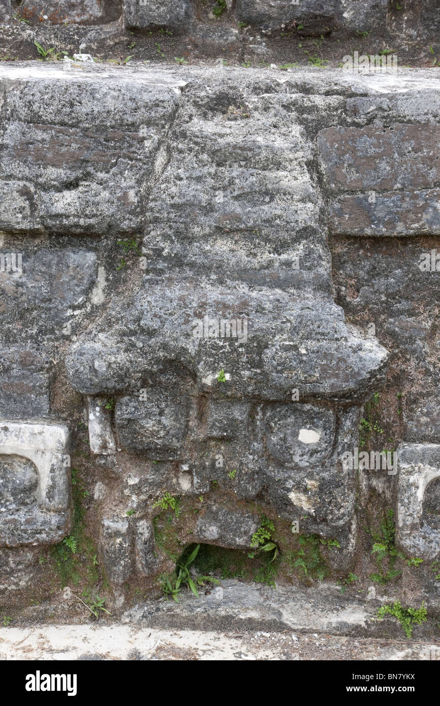 Stone Carving of an ancient Mayan God at the Altun Ha ruins in Belize ...