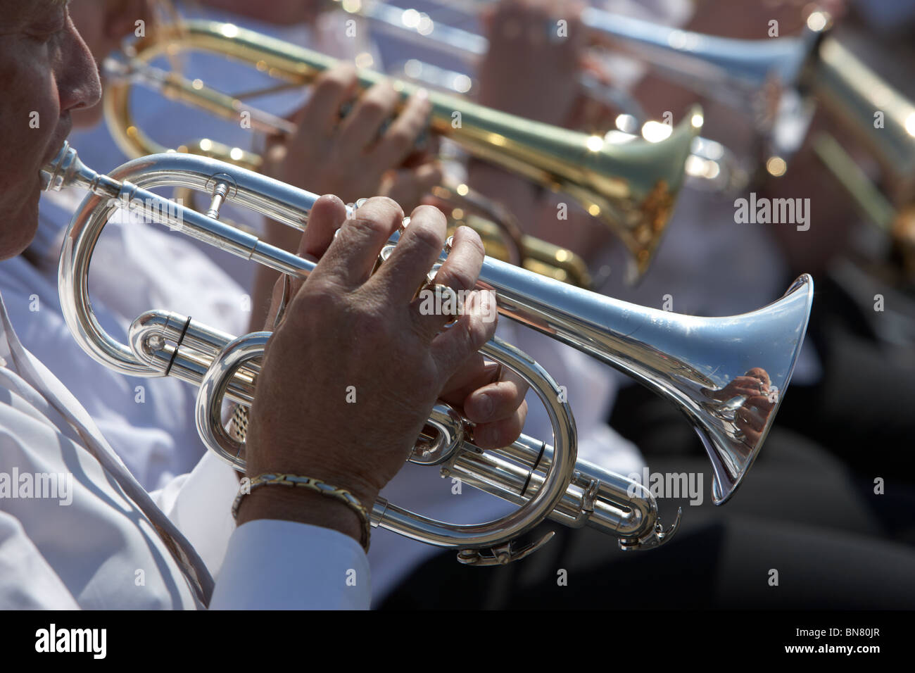 band members playing trumpets and cornets in a traditional brass band ...