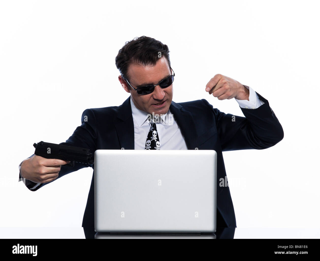 man caucasian hacker computer attack isolated studio on white ...