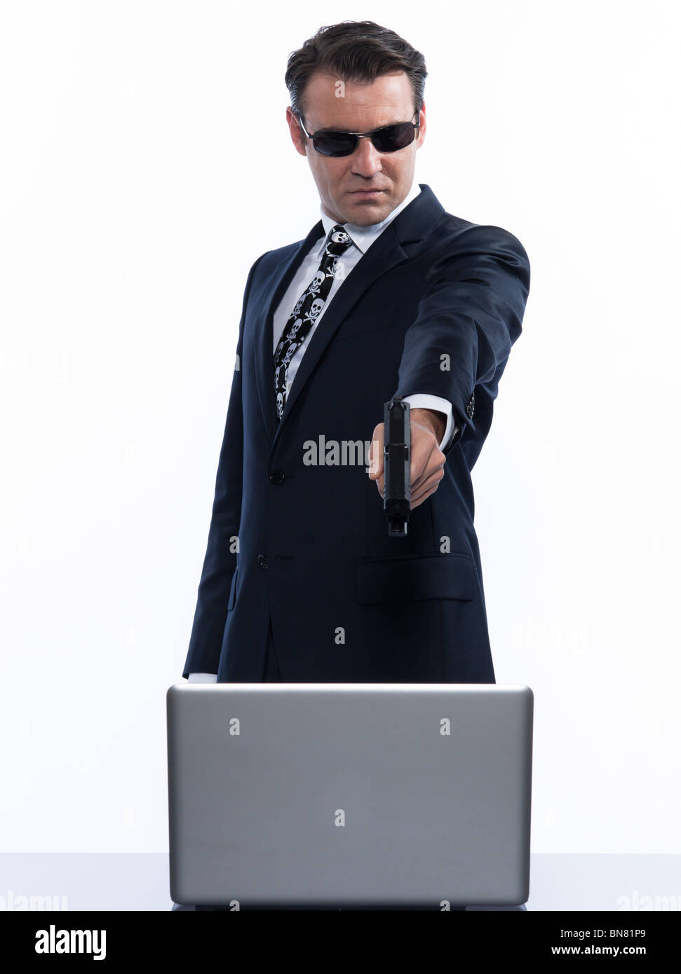 man caucasian hacker computer attack isolated studio on white ...