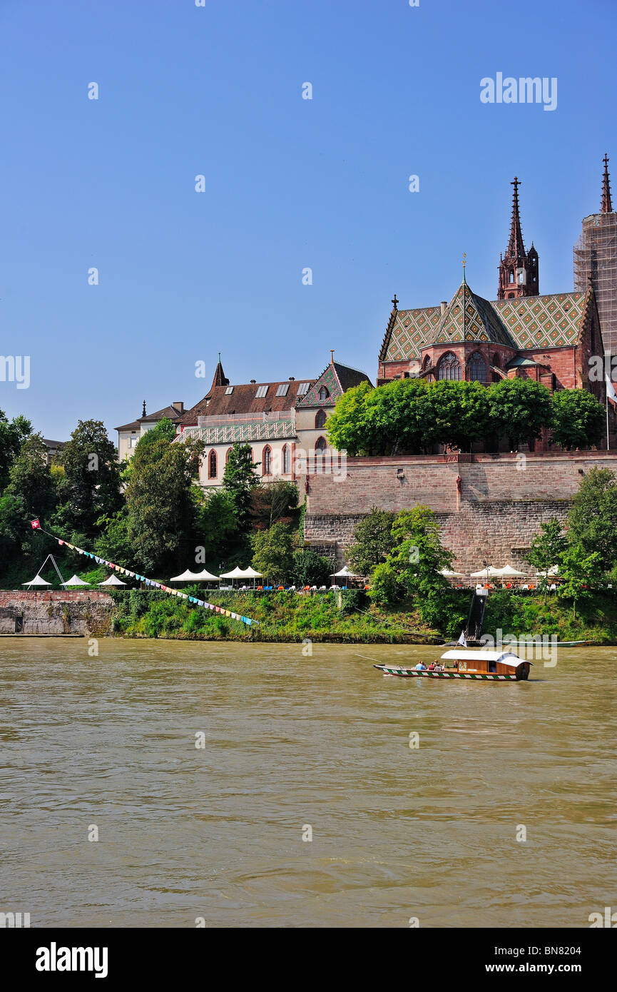 Cable ferry across the river Rhine in Basel (Bale) Switzerland, with ...