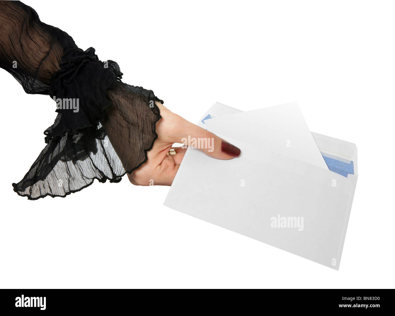 Woman hand with open envelope on white Stock Photo - Alamy