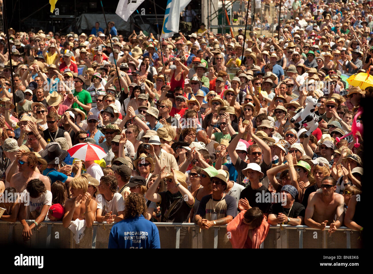 Crowd photographed from the pyramid stage at the Glastonbury festival ...