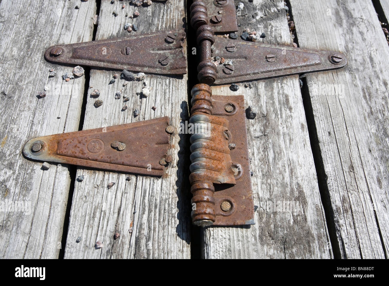 old hinges on decayed wooden lid Stock Photo - Alamy