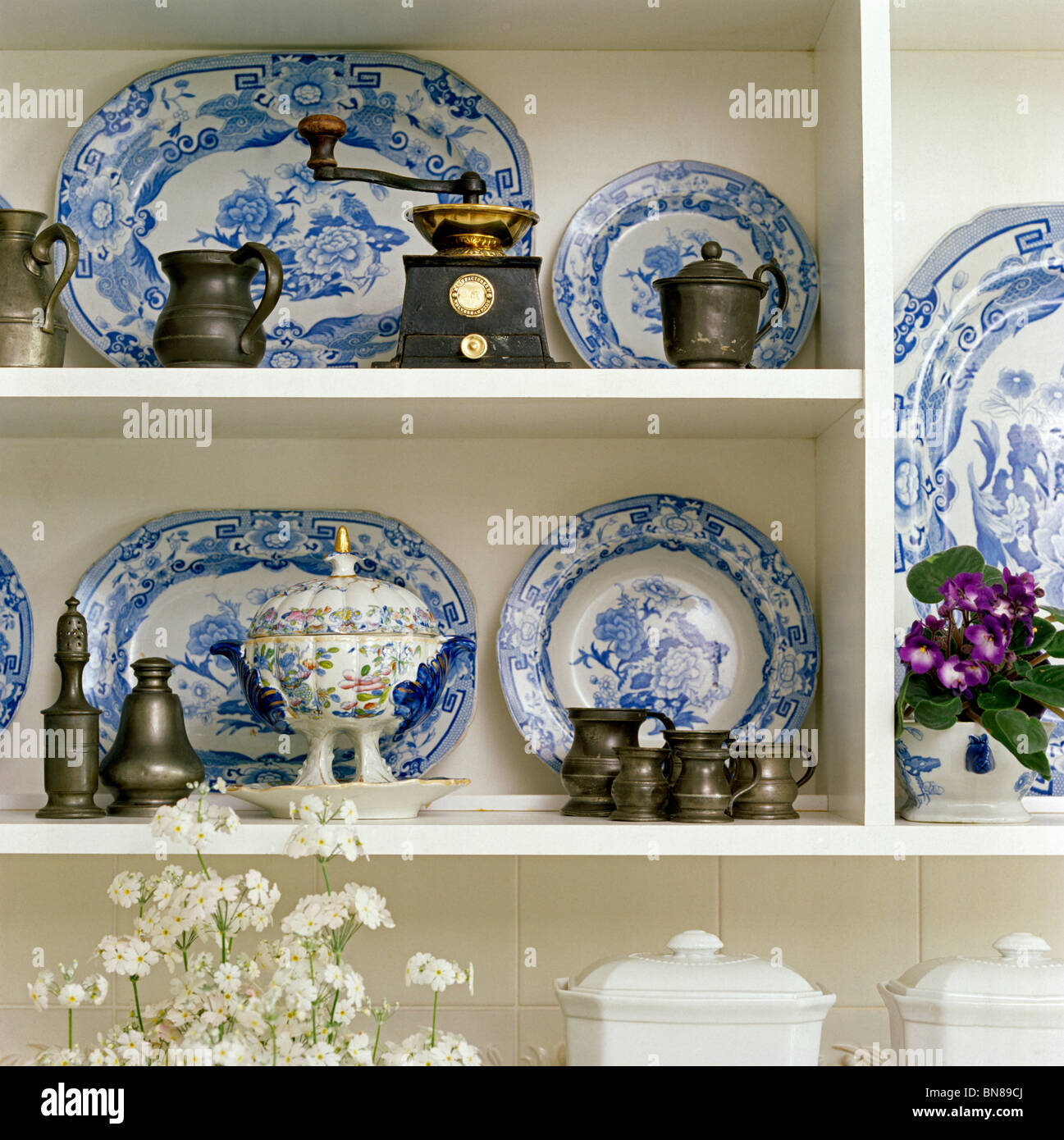Close-up of collection of antique blue+white china on white shelves ...