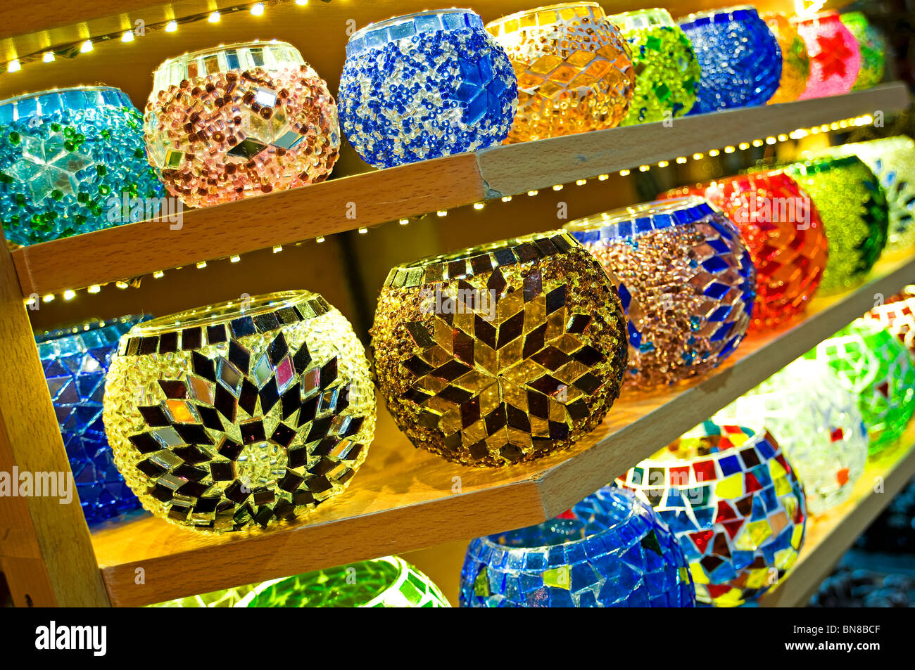 Glass bowls on display at a market stall Stock Photo - Alamy
