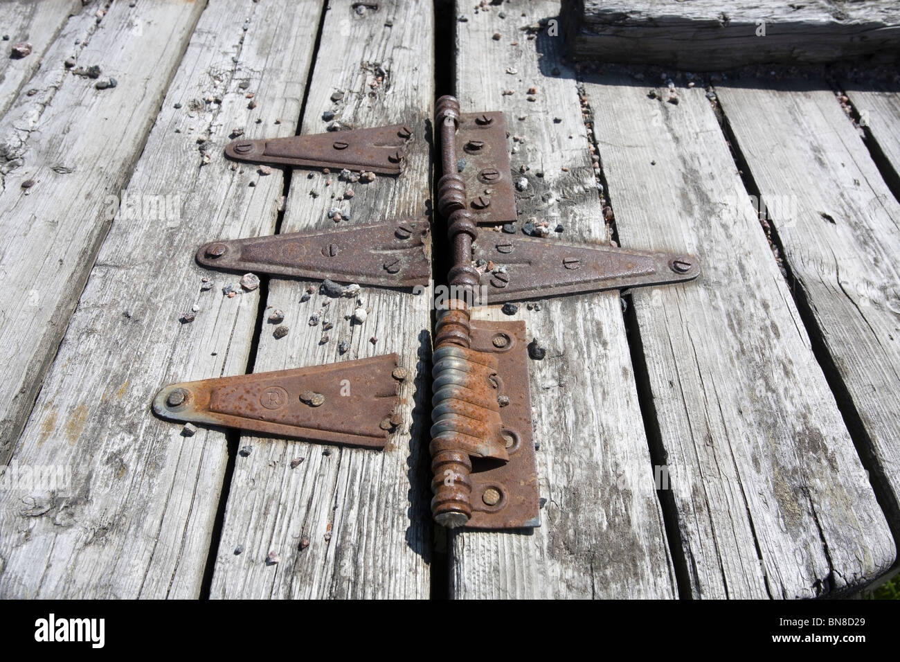 old hinges on decayed wooden lid Stock Photo - Alamy