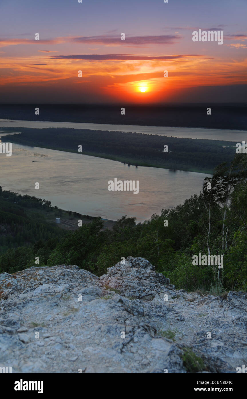 Sunset over Volga river in Russian National Park "Samara Luka Stock ...