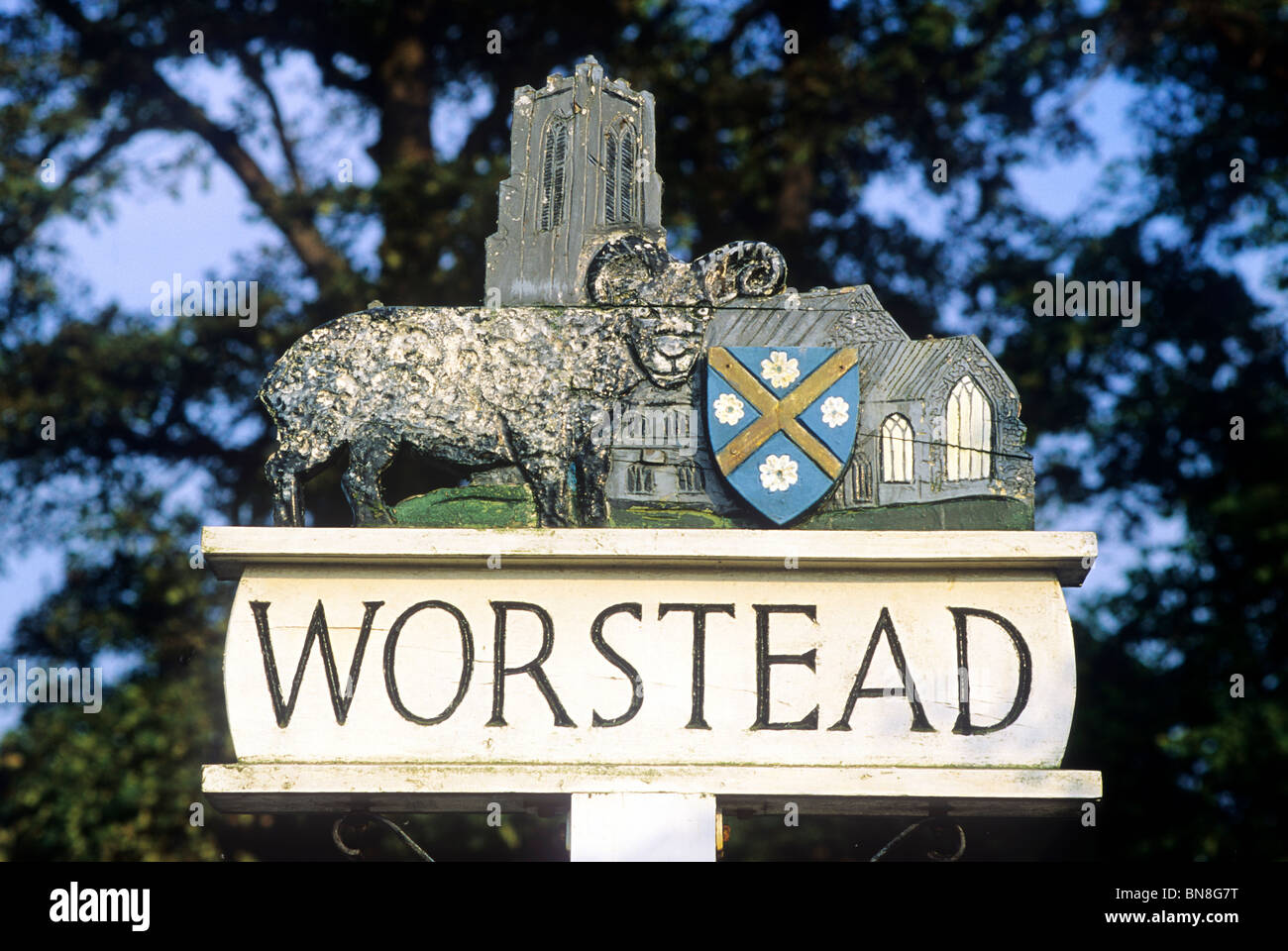 Worstead village sign, Norfolk England UK English signs Stock Photo - Alamy