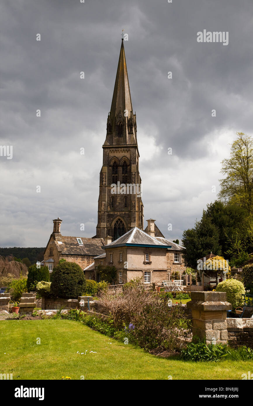Storm clouds brewing over the village of Edensor in the Peak District ...