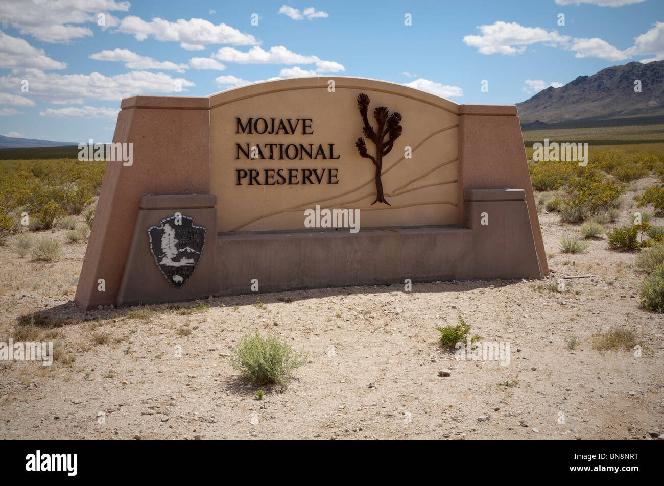 Sign at the entrance to the Mojave National Preserve in the Mojave ...
