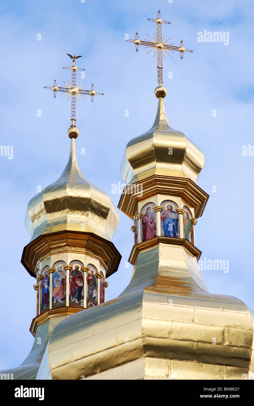 Orthodox crosses at the domes of the Dormition cathedral in Kiev ...