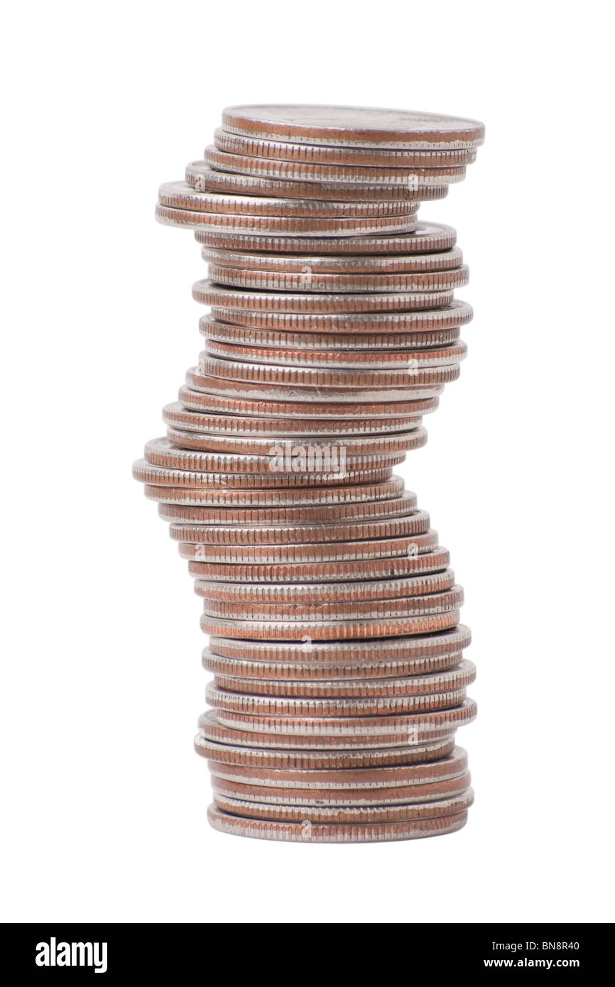 Stack of us currency coins, all quarters. isolated on white background ...