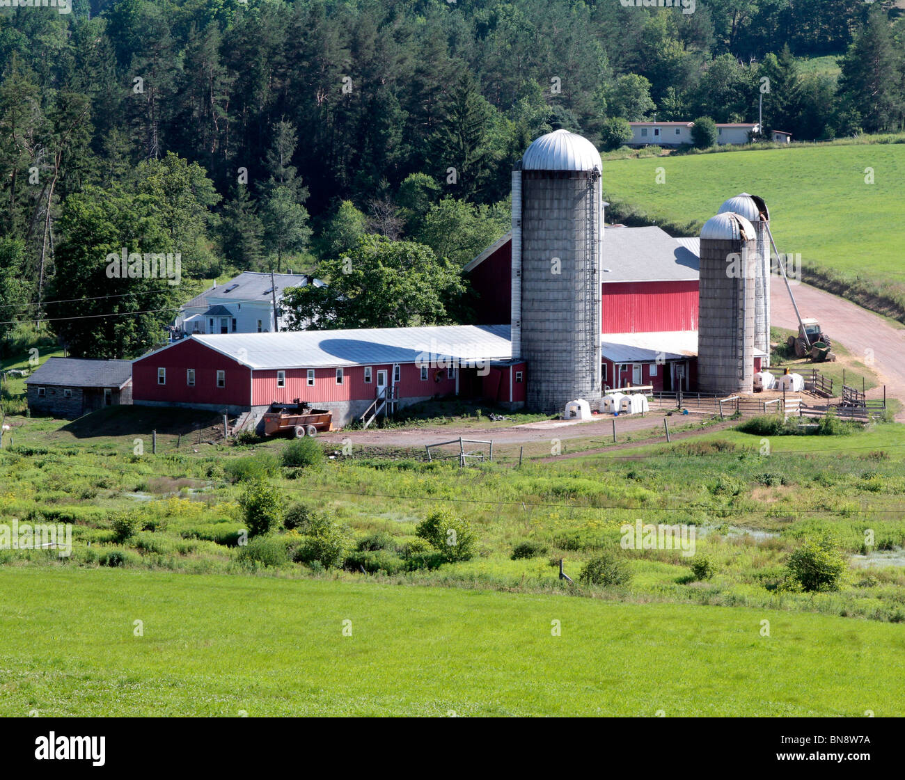 Red farm building with three silos Stock Photo - Alamy
