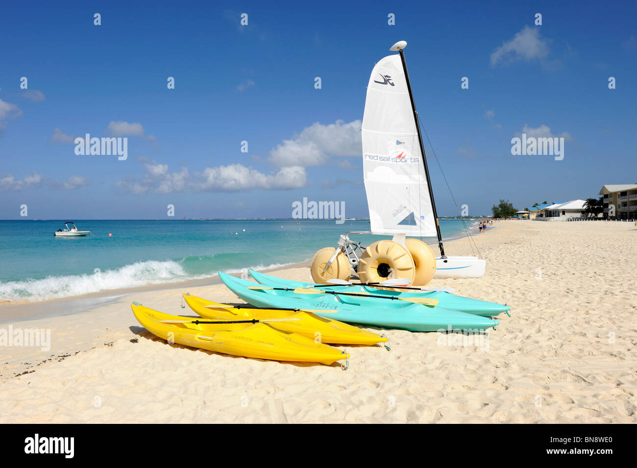 Kayaks for rent at Beaches Grand Cayman Islands Caribbean Stock Photo ...