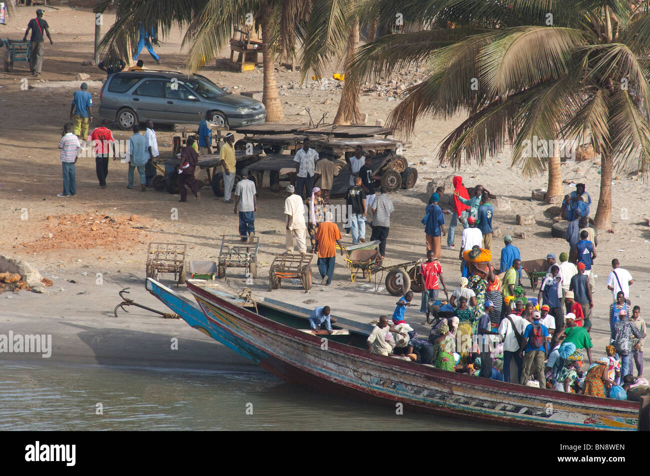 Africa, Gambia. Capital city of Banjul. Port area of Banjul. Crowded ...