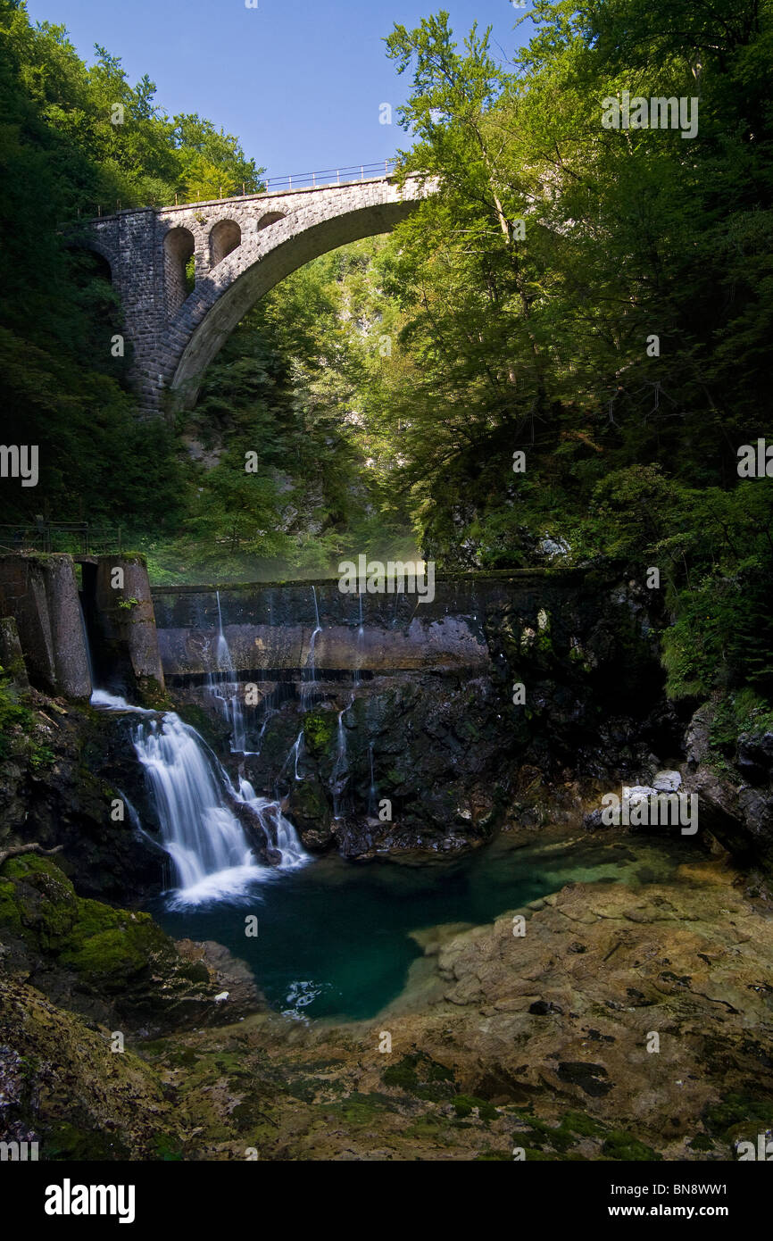 An abandoned hydroelectric dam on the Radovna river, in the Vintgar ...