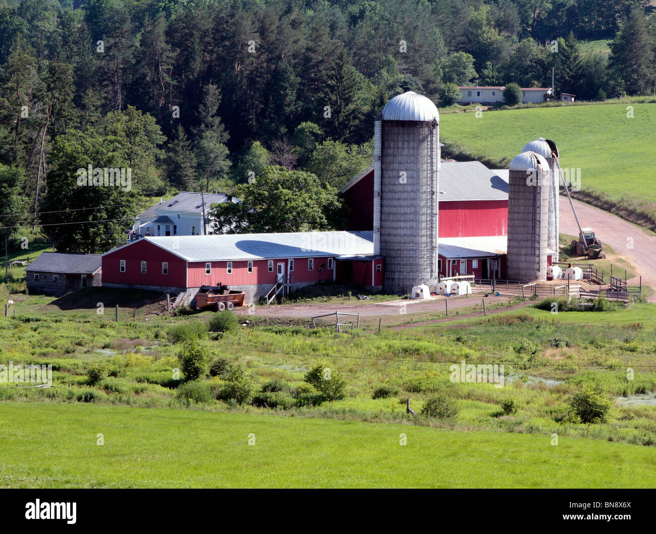 Red farm building with three silos Stock Photo - Alamy