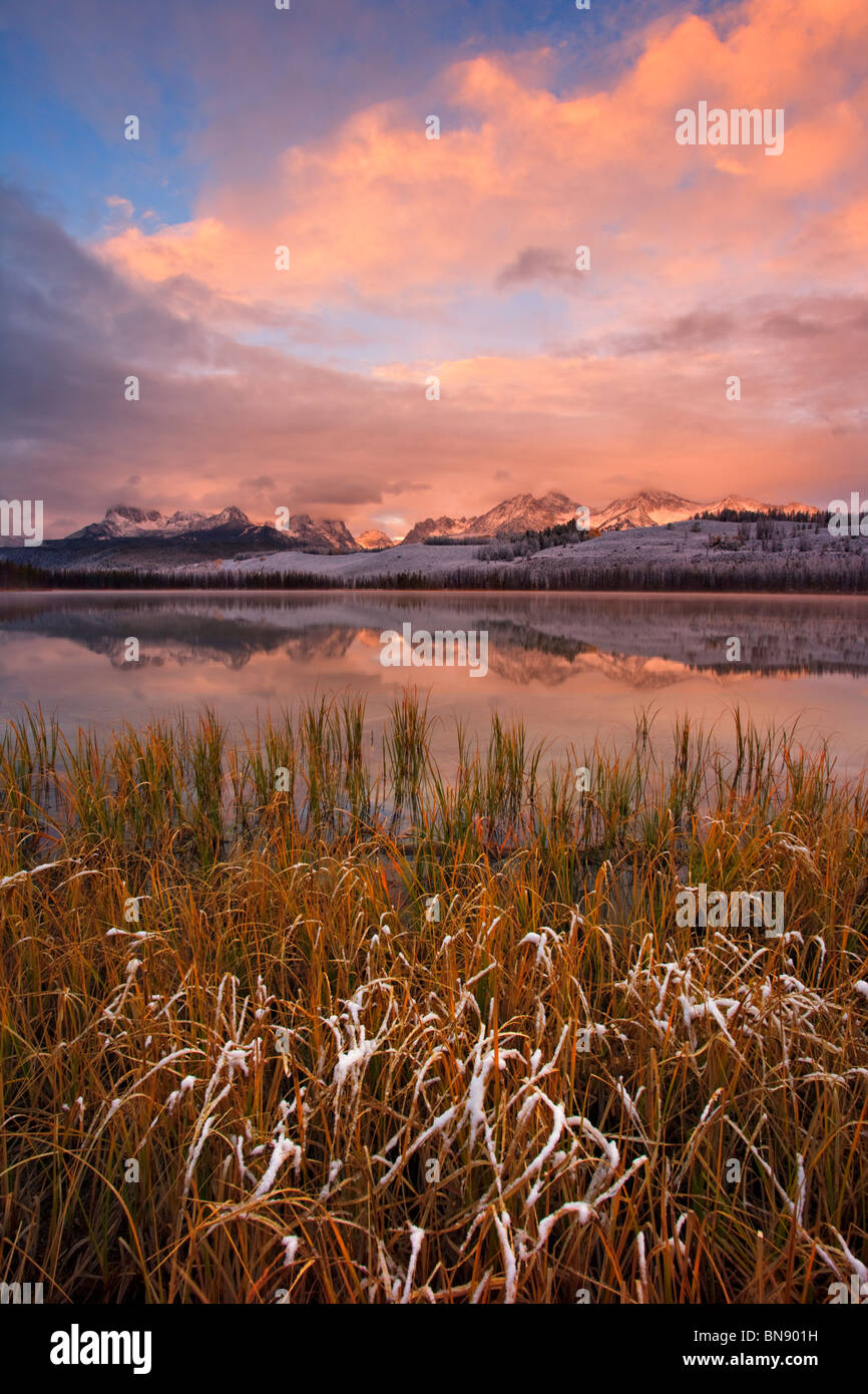 Sawtooth mountains sunrise reflection in little red fish lake, Idaho ...