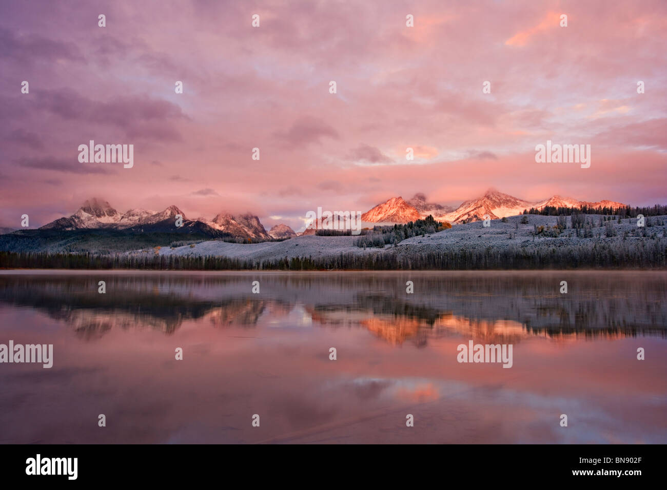 Sawtooth mountains sunrise reflection in little red fish lake, Idaho ...