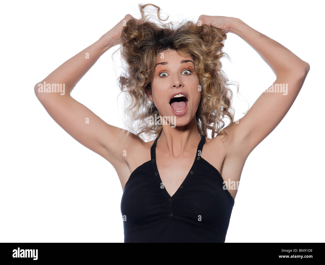 beautiful caucasian woman pulling hair portrait isolated studio on ...