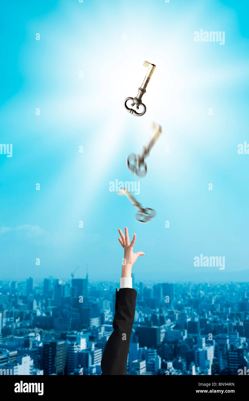 Businesswoman trying to catch keys in air computer graphic Stock Photo ...