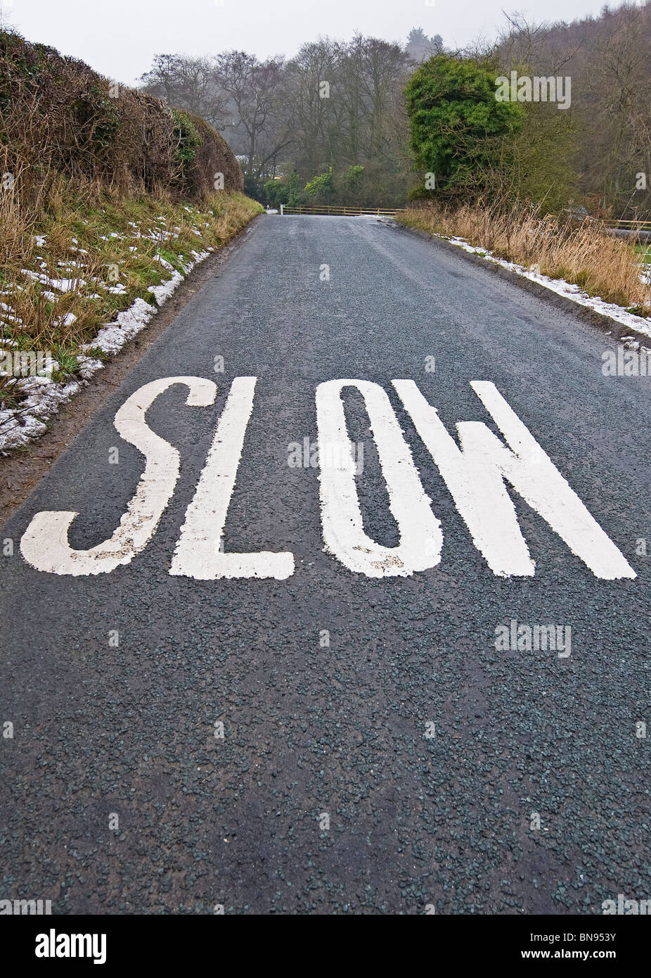 Slow sign painted on the surface of a country lane Stock Photo - Alamy
