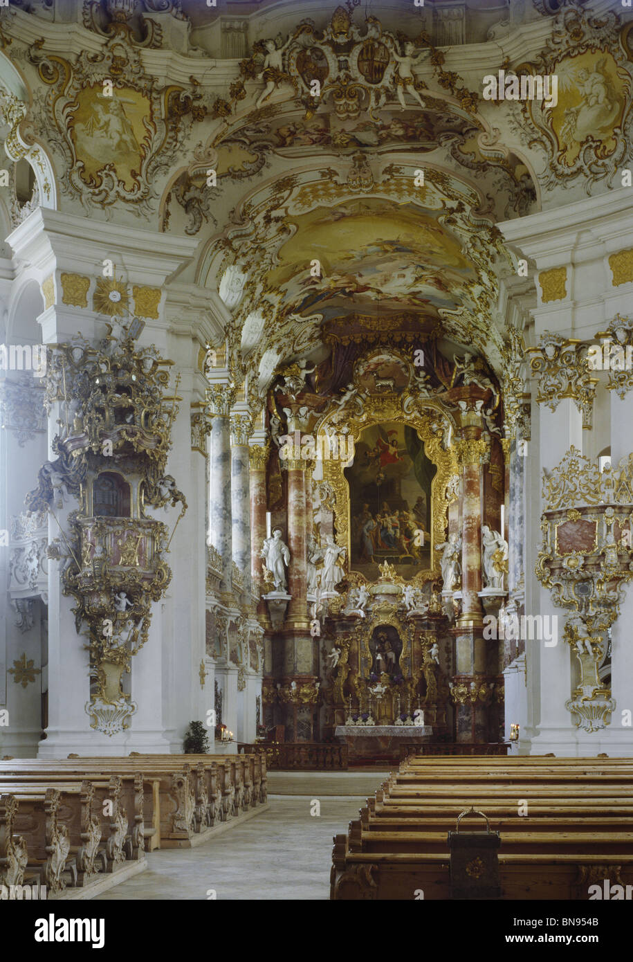 Wieskirche, Pilgrimage Church of Wies, Bavaria. Rococo church with oval ...