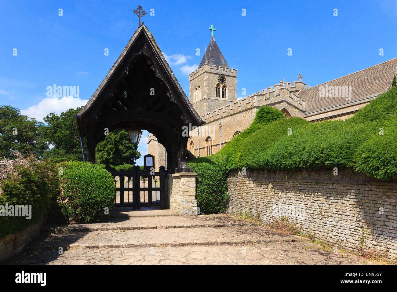 Lychgate entrance to the Church of All Saints, Turvey, Bedfordshire, UK ...