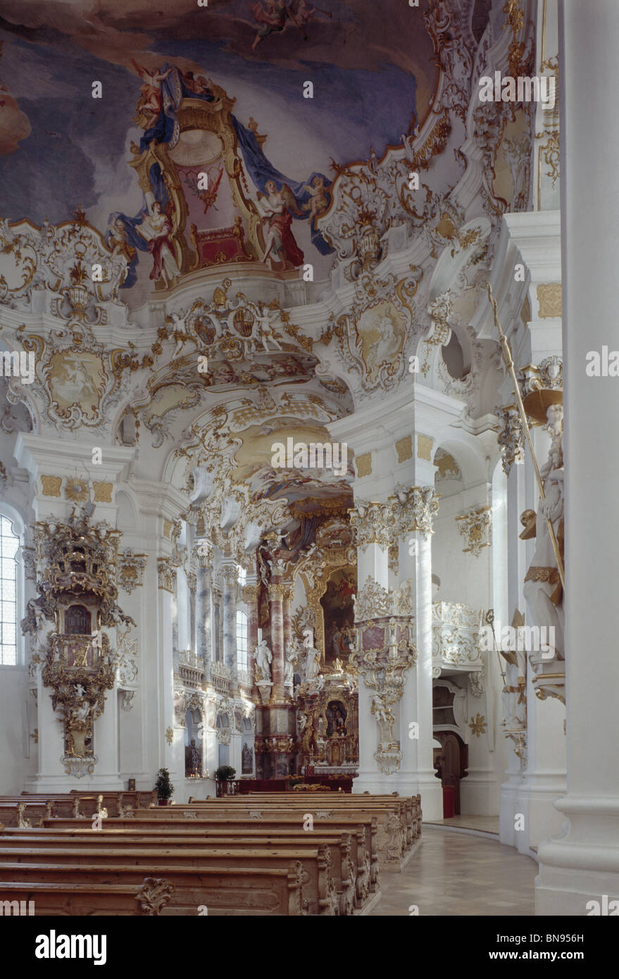 Wieskirche, Pilgrimage Church of Wies, Bavaria. Rococo church with oval ...