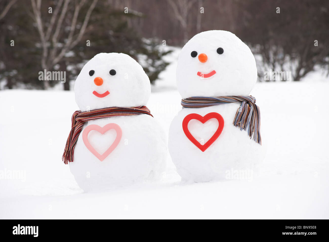 Snowman couple with heart shape, Yamagata Prefecture, Japan Stock Photo ...