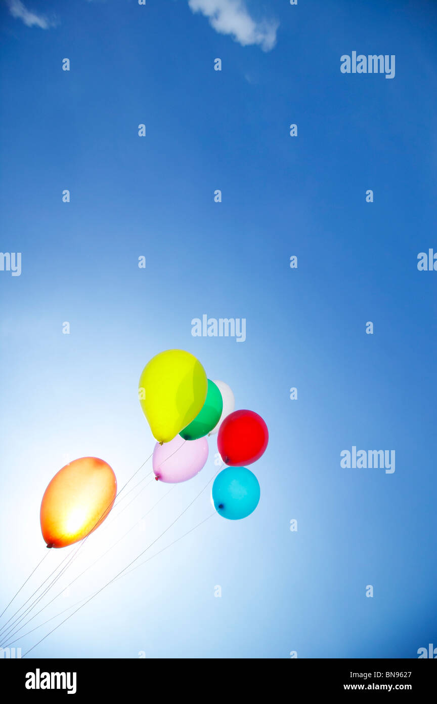 A bunch of colorful helium balloons floating into the sky Stock Photo ...