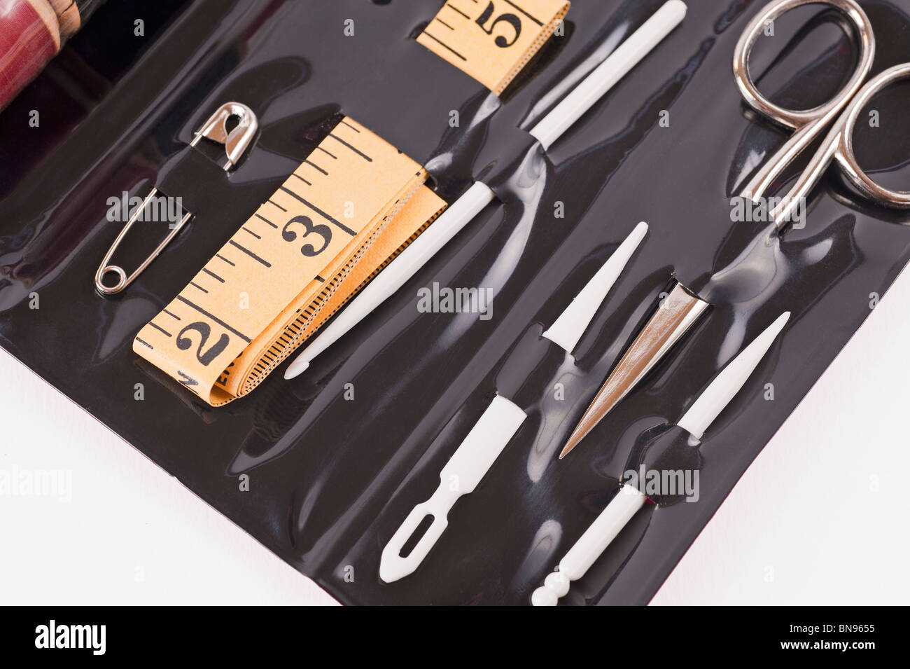 Closeup detail of a compact sewing kit isolated on white Stock Photo ...