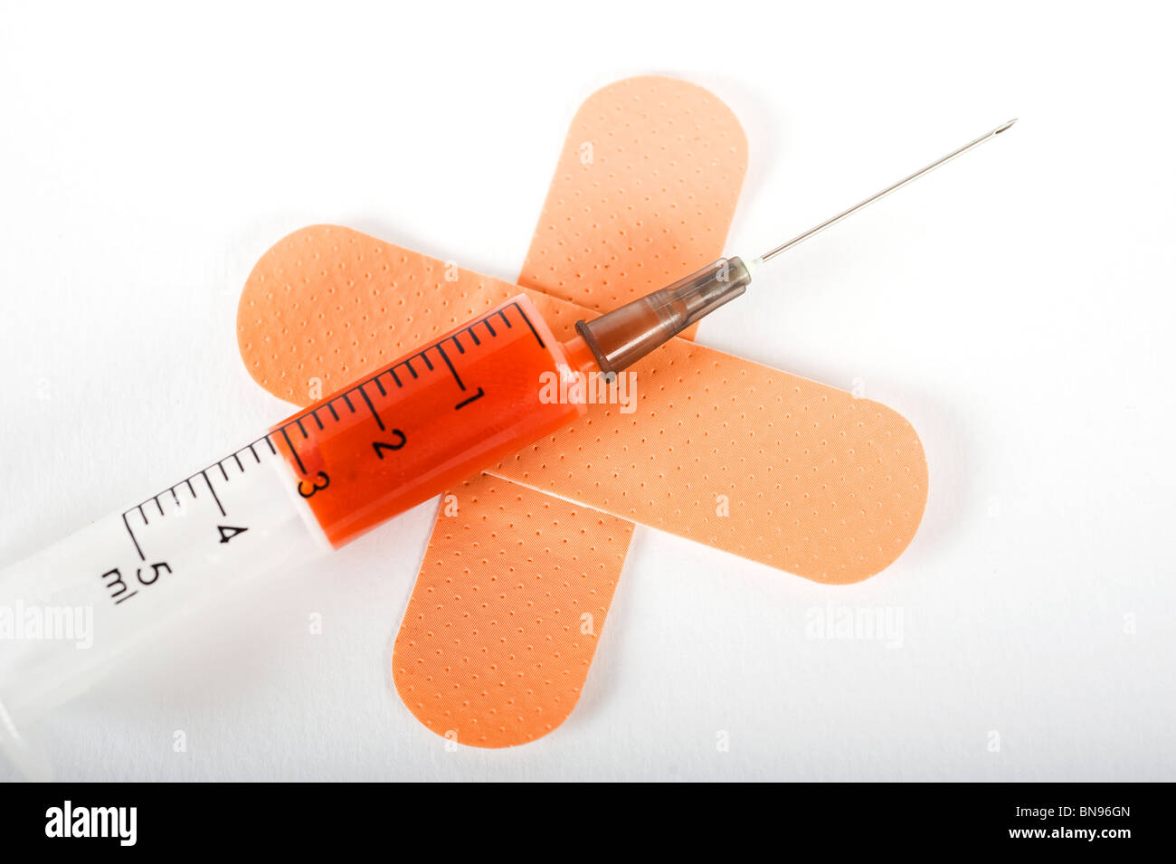 Blood-filled syringe with a plaster cross isolated on white Stock Photo ...