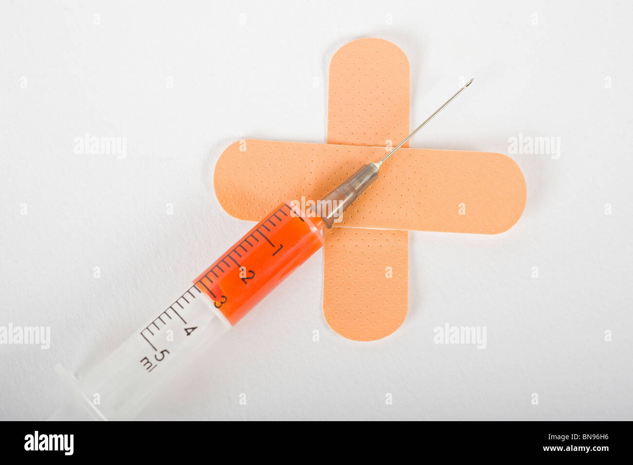 Blood-filled syringe with a plaster cross isolated on white Stock Photo ...
