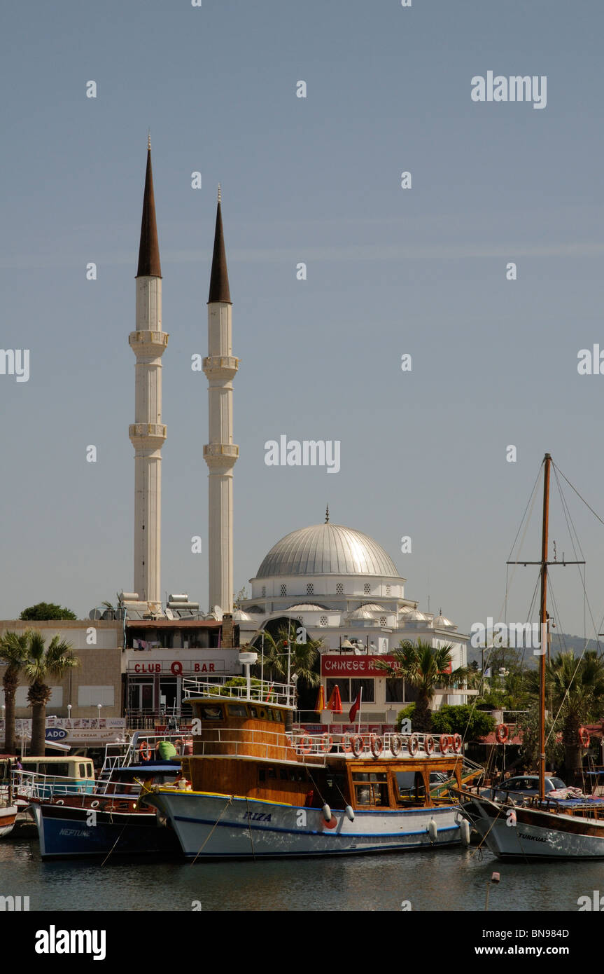 Turkish Mosque overlooks the harbour in the coastal resort & port of ...
