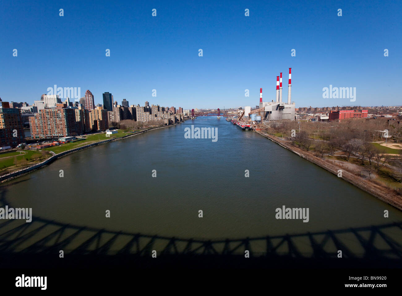 Harlem River and Electrical substation power plant on Randall's Island ...