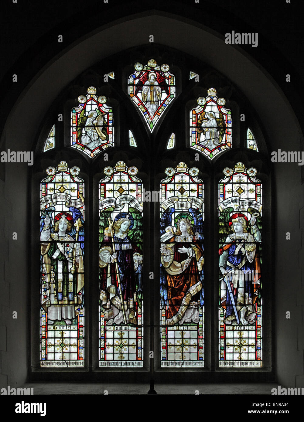 A stained glass window by Percy Bacon & Brothers depicting four ...