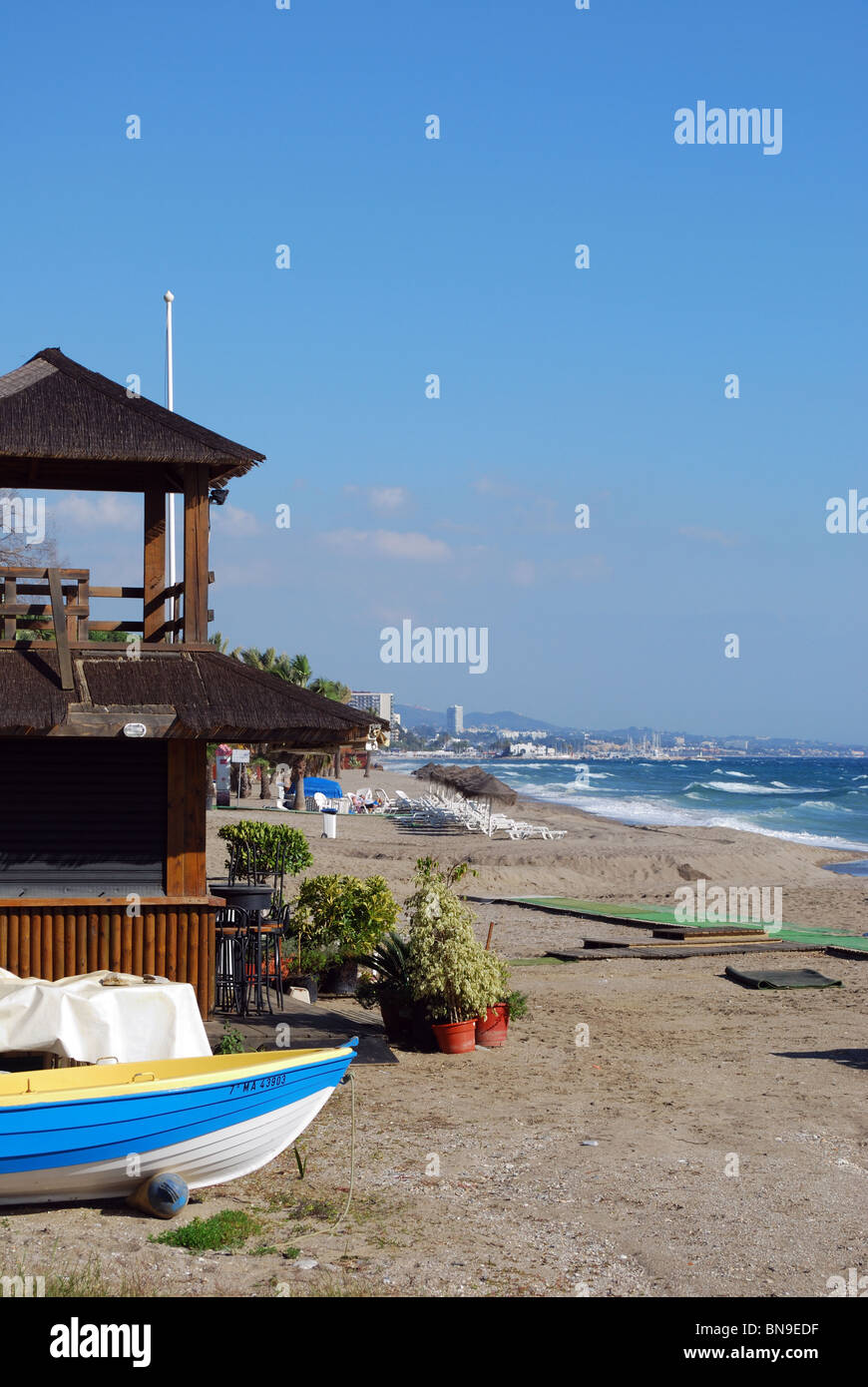 Watchtower and fishing boat on beach, Daitona Beach, Marbella, Costa ...