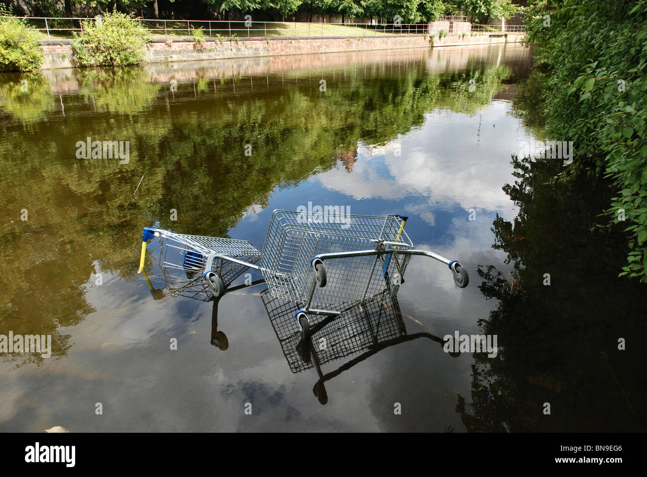 Supermarket trolleys dumped in the Water of Leith, Edinburgh Stock ...
