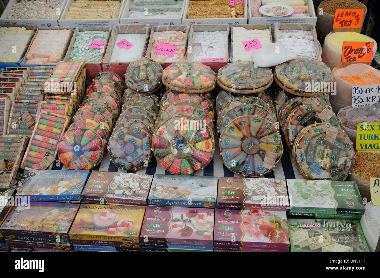 Market stall display of Turkish Delight in various flavours Turgutries ...