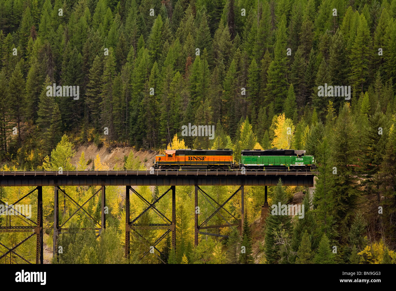 Train going across wide valley near Glacier national park Stock Photo ...