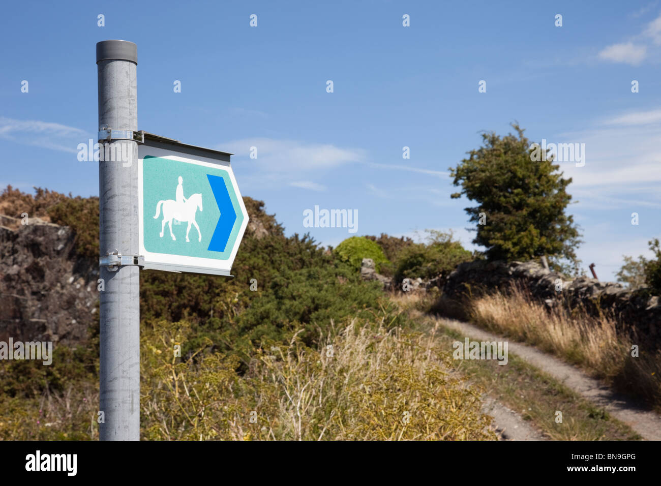 Bridleway sign pointing along a country bridlepath. Anglesey, Wales, UK ...
