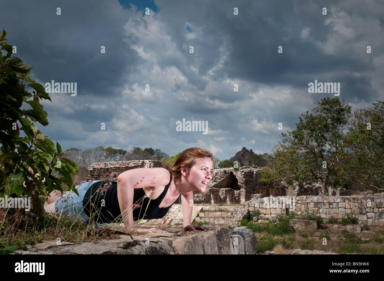 Working out at a Mayan ruin. Heavily processed to give a gritty look ...