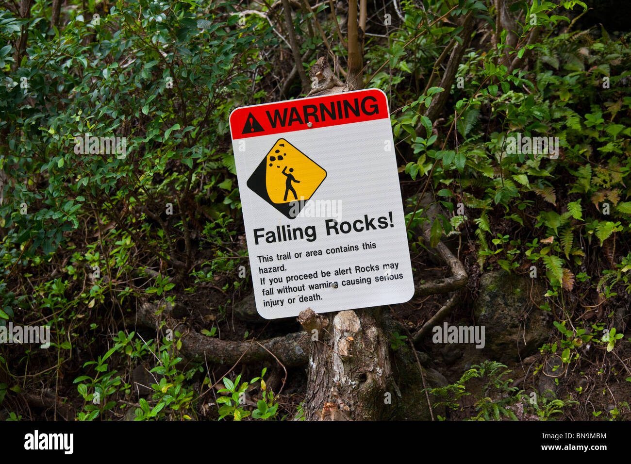 Warning, Falling Rocks sign at Na Wai Eha on Maui, Hawaii Stock Photo ...