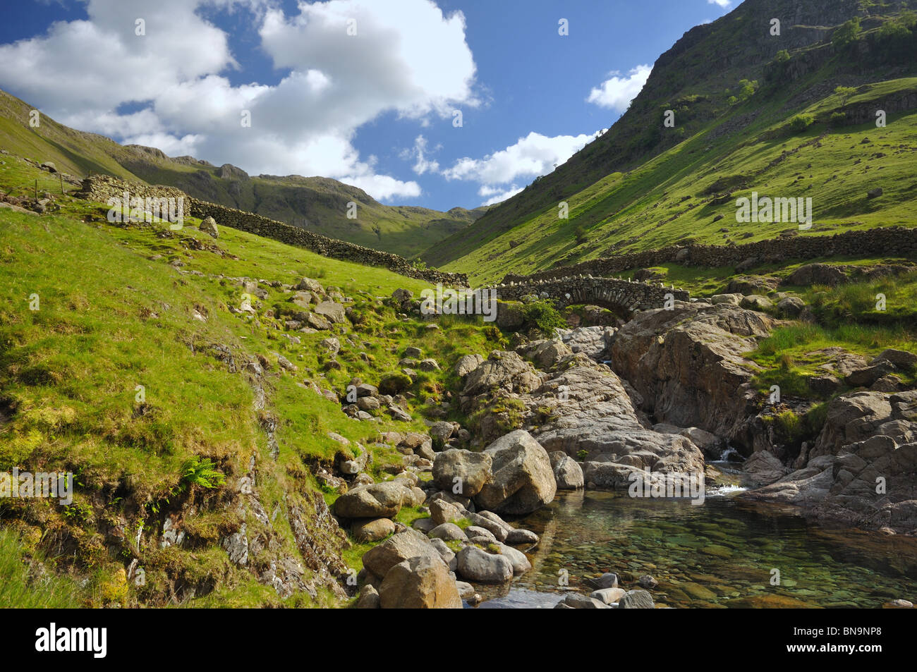 Grains Gill flows under Stockley Bridge Borrowdale in the Lake District ...
