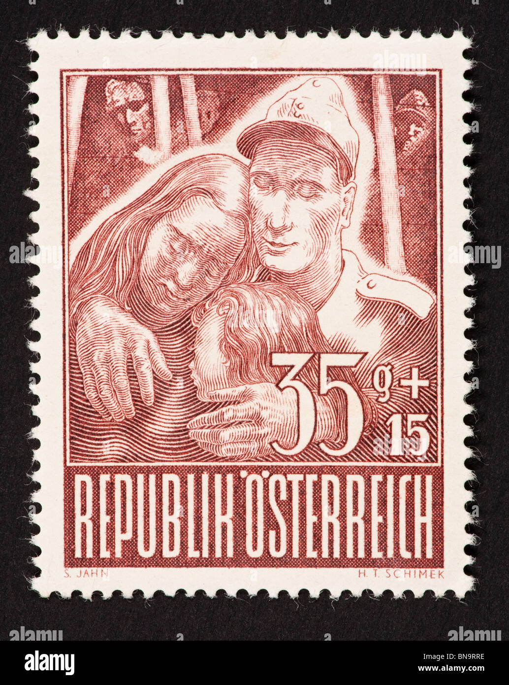 Postage stamp from Austria depicting a family reunion Stock Photo - Alamy