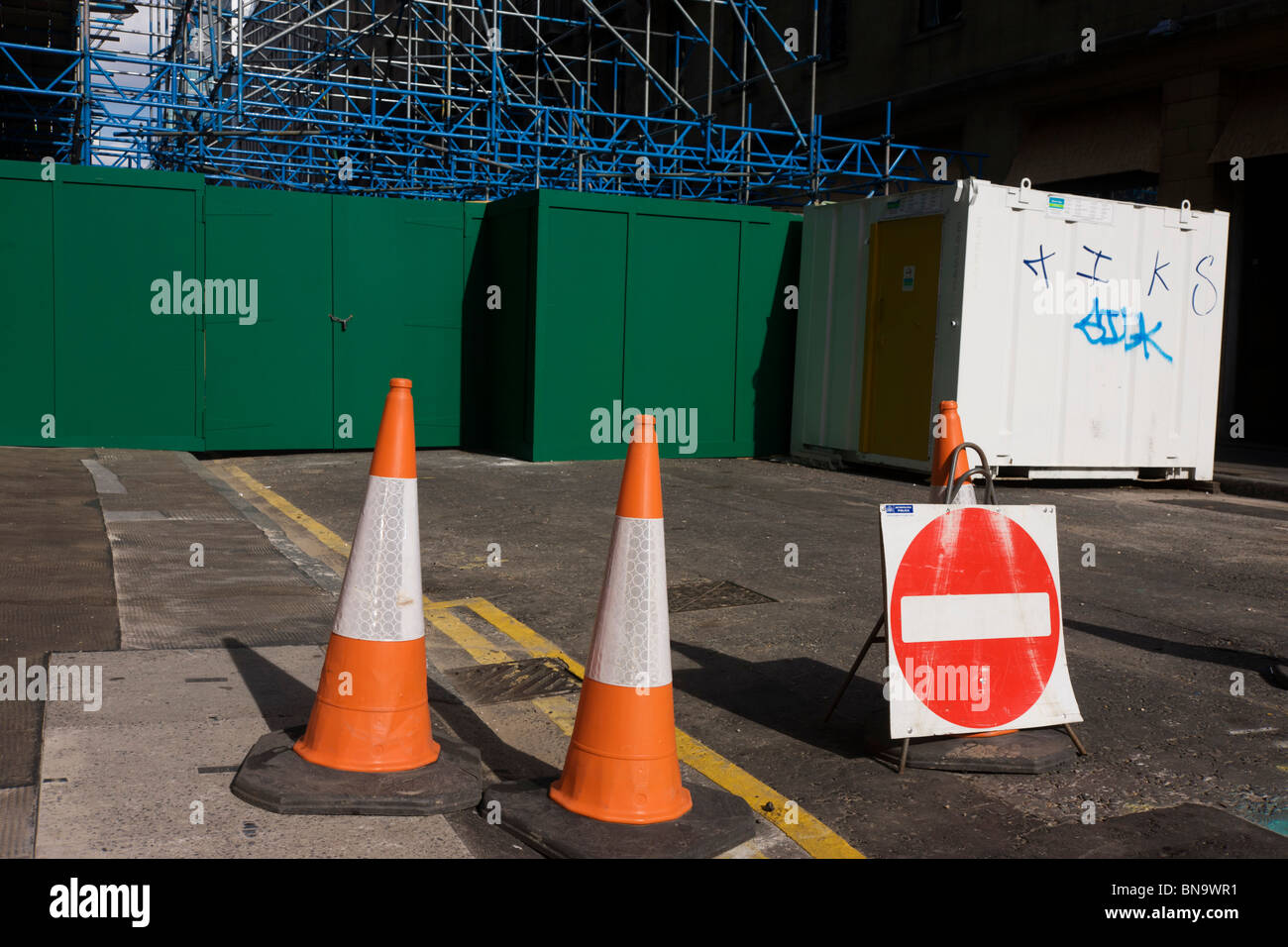 Cones and No Entry sign in closed to traffic street and roadworks in ...