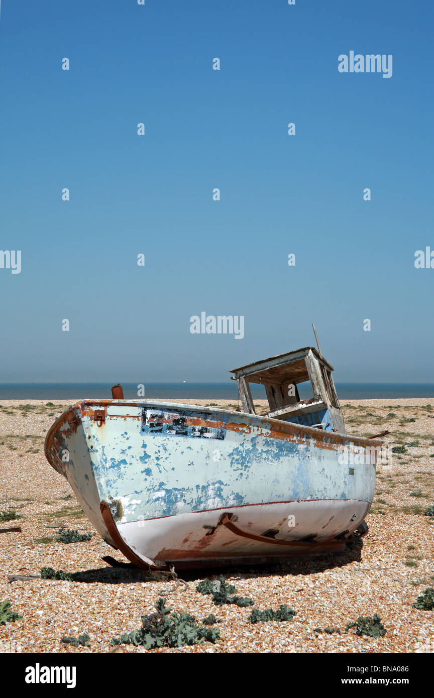 Abandoned fishing boat on beach, Dungeness, Romney Marsh, Folkestone ...